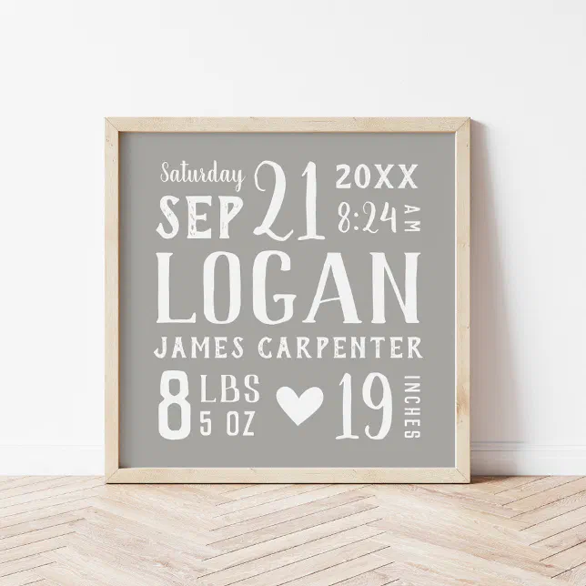 Gray Baby Name and Birth Stats | Editable Colors Poster | Zazzle