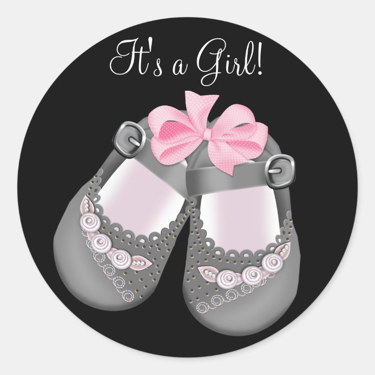 Gray Baby Shoes Pink Black Baby Shower Stickers | Zazzle