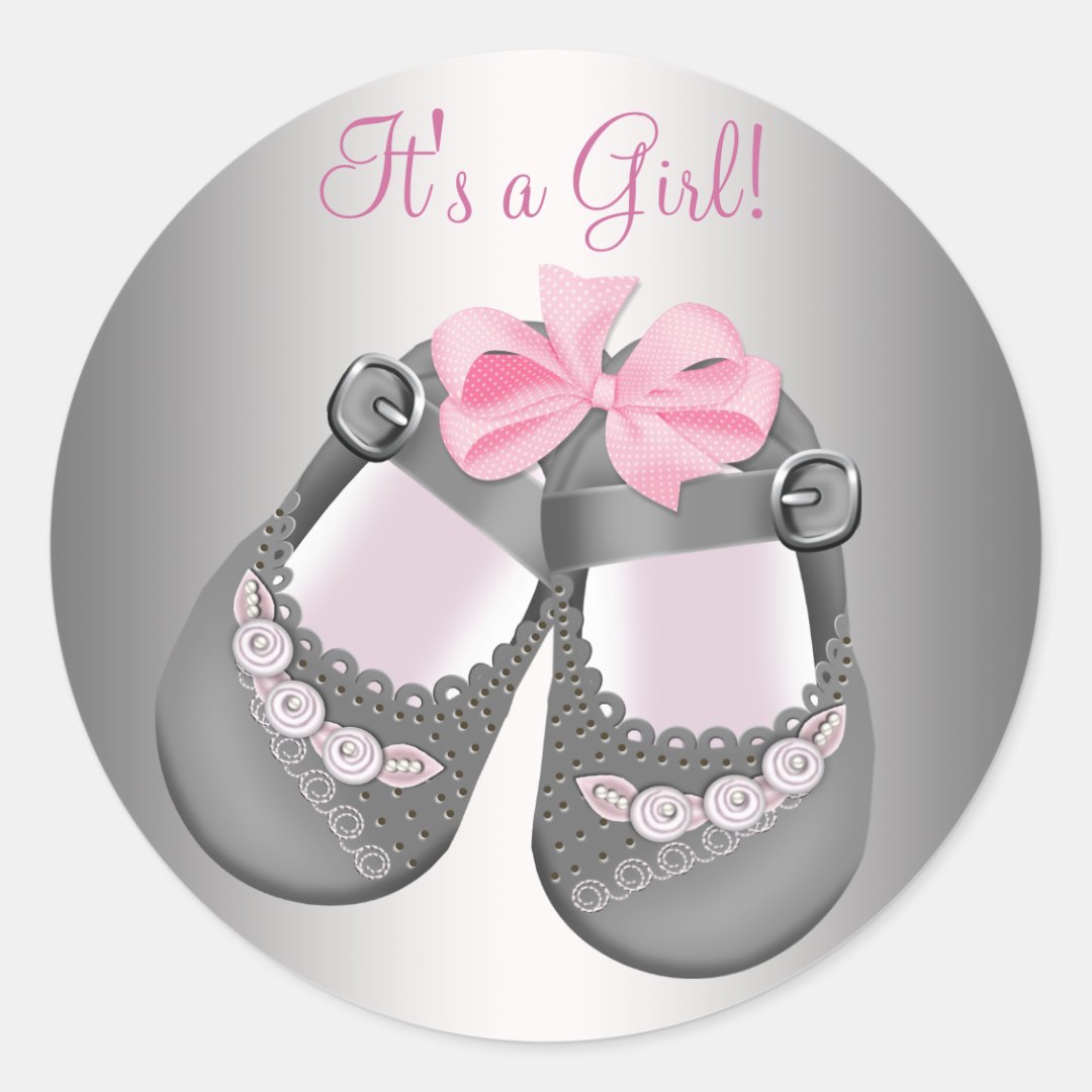 Gray Baby Shoes Pink Gray Baby Shower Stickers | Zazzle