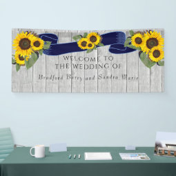 Gray Barn Wood Navy Blue Sunflower Rustic Wedding Banner | Zazzle