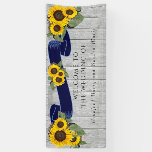 Gray Barn Wood Navy Blue Sunflower Rustic Wedding Banner | Zazzle