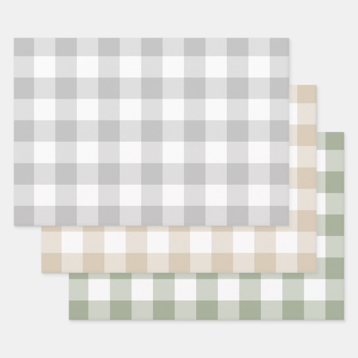 Gray Beige Sage Green Gingham Check Plaid Wrapping Paper Sheets ...