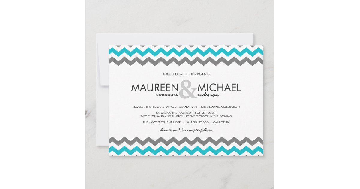Gray & Blue Chevron Zig Zag Wedding Invitations | Zazzle