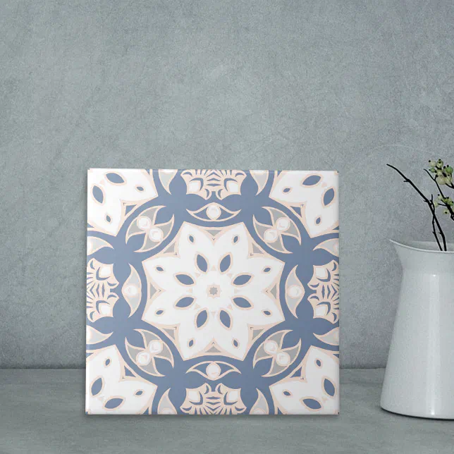 Gray Blue Cream White Ethnic Geometric Pattern Ceramic Tile | Zazzle
