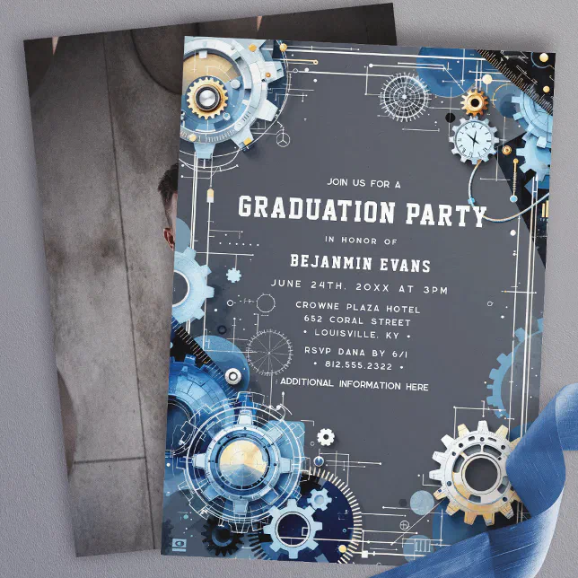 Gray Blue Gears Engineering Graduation Photo Invitation | Zazzle