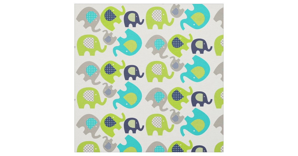 Gray Blue Green Elephants on White Fabric | Zazzle