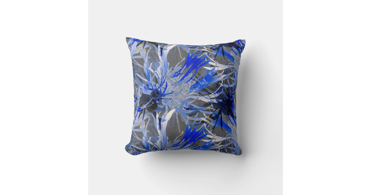 Gray & Blue Modern Artistic Abstract Floral Throw Pillow | Zazzle