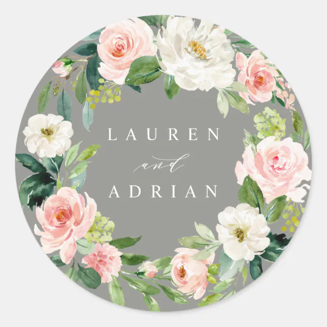 Gray Blush Floral Wreath Wedding Sticker | Zazzle