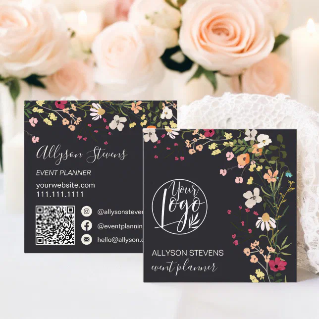 Gray Boho floral event planner logo qr code Square Business Card | Zazzle