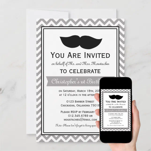 Gray Boy Moustache Chevron Birthday Party Invitation | Zazzle