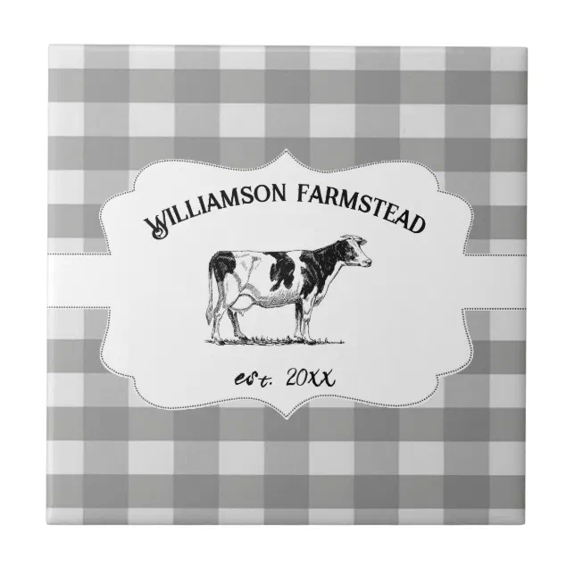 Gray Buffalo Plaid Farm Cow Decorative Ceramic Tile | Zazzle