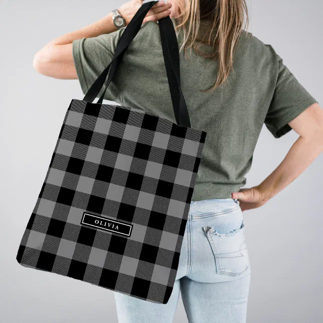 Gray Buffalo Plaid Pattern Monogrammed Bridesmaid Tote Bag | Zazzle