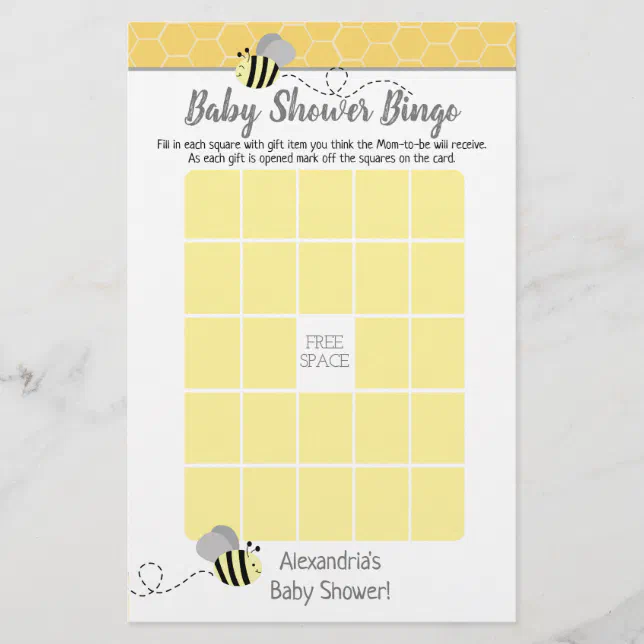Gray Bumble Bee Baby Shower Bingo Game | Zazzle