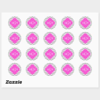 Gray Chevron Hot Pink Quatrefoil 3 Monogram Tn Classic Round Sticker ...
