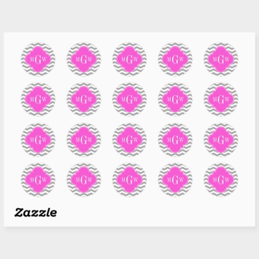 Gray Chevron Hot Pink Quatrefoil 3 Monogram Tn Classic Round Sticker ...
