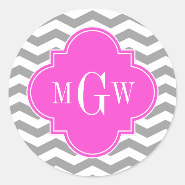 Gray Chevron Hot Pink Quatrefoil 3 Monogram Tn Classic Round Sticker ...
