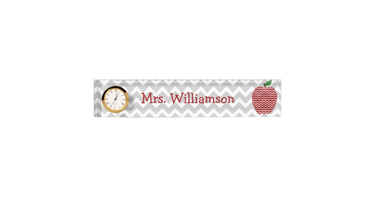 Gray Chevron Red Chevron Apple Teacher Nameplate | Zazzle
