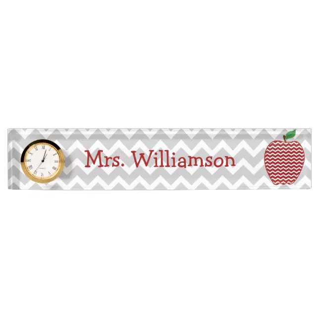 Gray Chevron Red Chevron Apple Teacher Nameplate | Zazzle