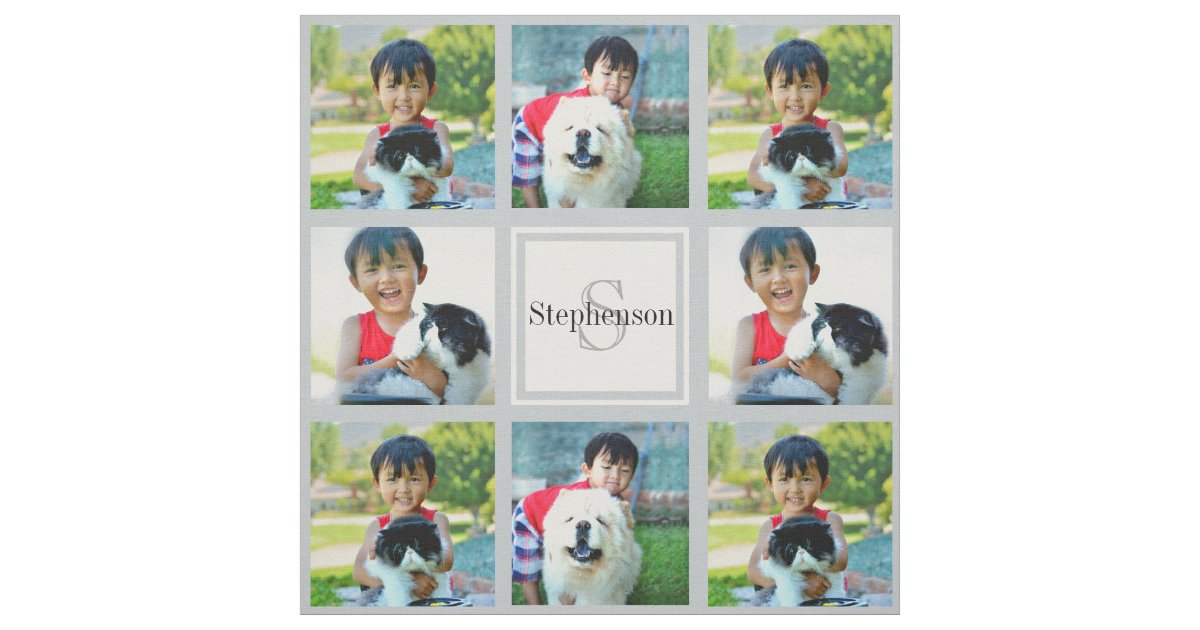 Gray Custom Personalized Photo Collage Monogram Fabric | Zazzle