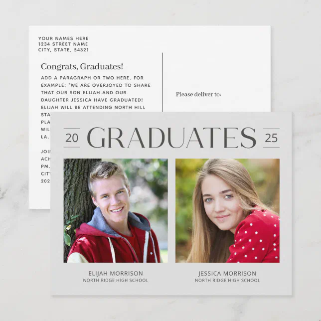 Gray Double Graduation Two Photos Neutral Grad Postcard | Zazzle