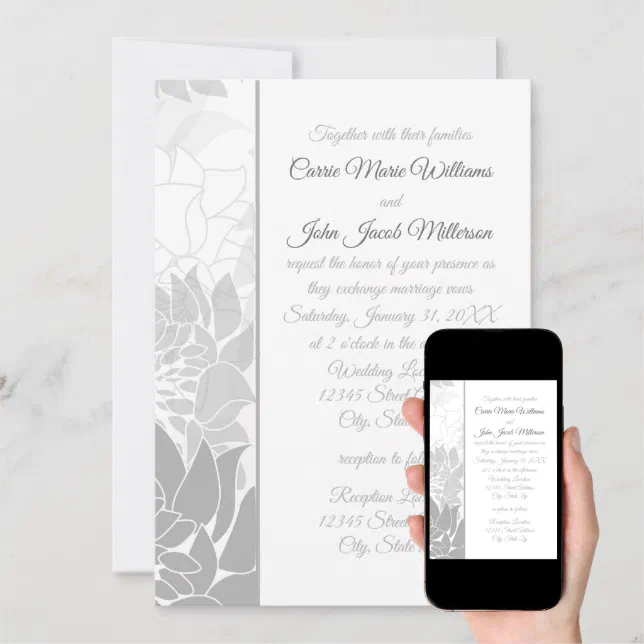Gray Elegant Floral Vertical - Wedding Invitation | Zazzle