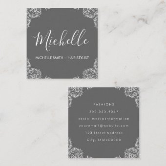 Gray Fancy Corners Script Text Square Business Card | Zazzle
