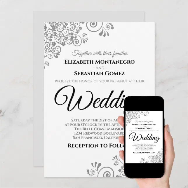 Gray Floral Filigree Elegant Chic Wedding Invitation | Zazzle