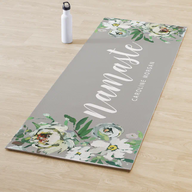 Gray Floral Namaste Monogrammed Yoga Mat | Zazzle
