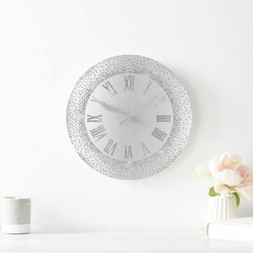 Gray Glitter Grey Silver Roman Numbers Elegant Large Clock | Zazzle