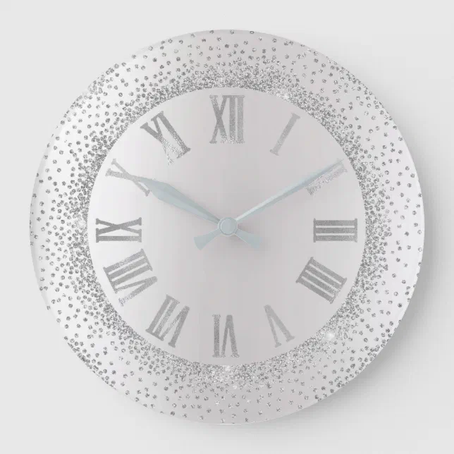 Gray Glitter Grey Silver Roman Numbers Elegant Large Clock | Zazzle