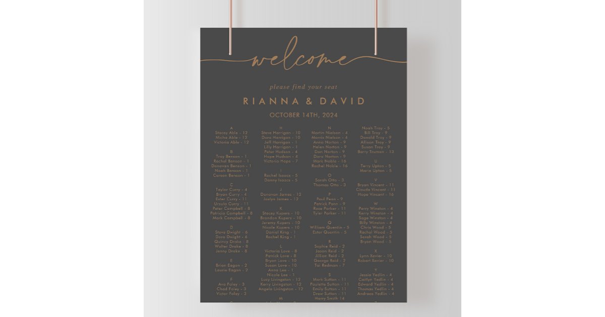 Gray Gold Classic Alphabetical Seating Chart | Zazzle