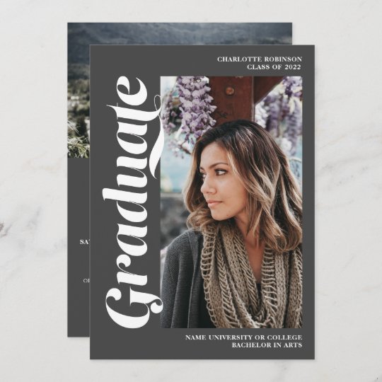 Gray graduate script 3 photo graduation invitation | Zazzle.com