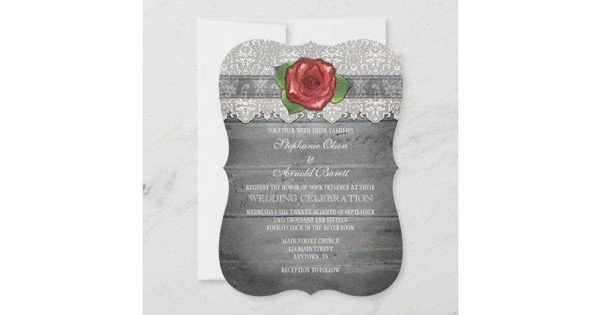 Gray Grey Rustic Wood Rose Wedding Invite | Zazzle