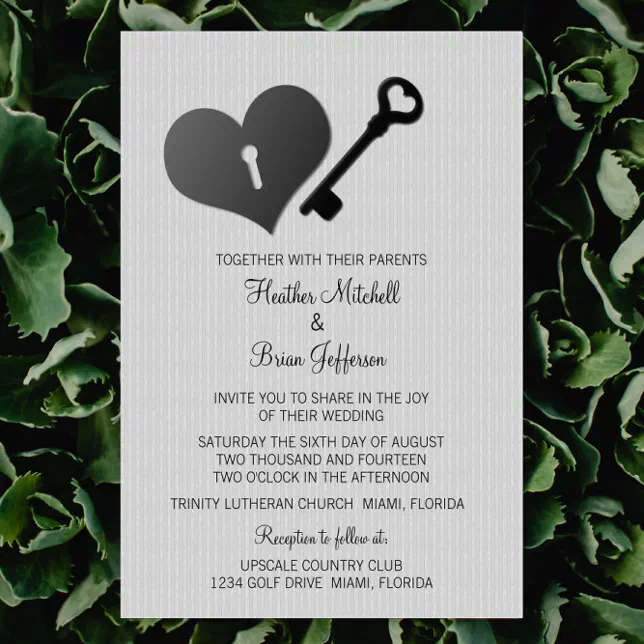 Gray Heart Lock and Key Wedding Invite | Zazzle