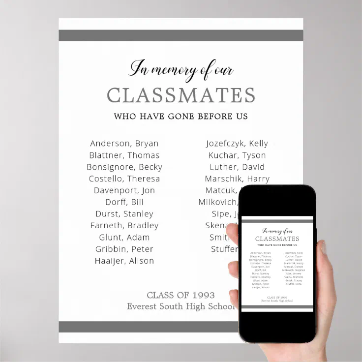 Gray In Memory Of Our Classmates Reunion Memorial Poster | Zazzle