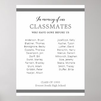 Gray In Memory Of Our Classmates Reunion Memorial Poster | Zazzle