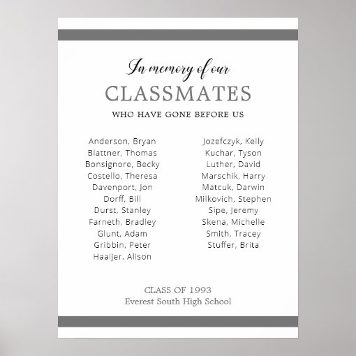 Gray In Memory Of Our Classmates Reunion Memorial Poster | Zazzle