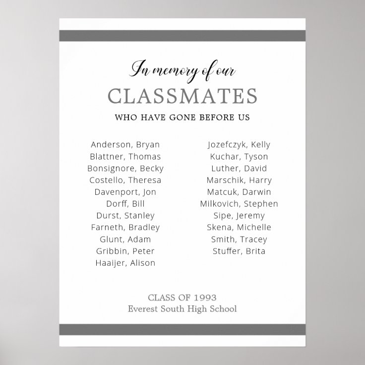 Gray In Memory Of Our Classmates Reunion Memorial Poster | Zazzle