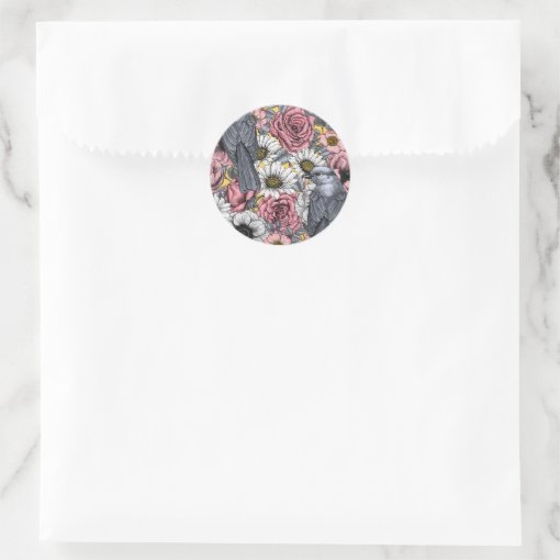 Gray jays and flowers classic round sticker | Zazzle