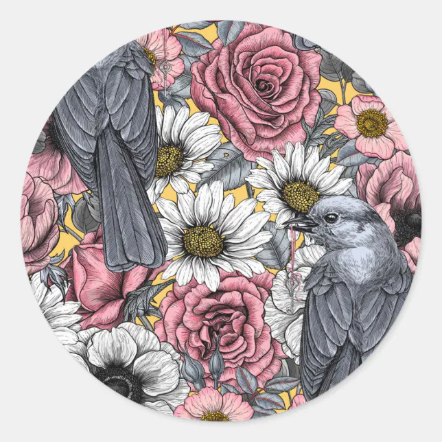 Gray jays and flowers classic round sticker | Zazzle
