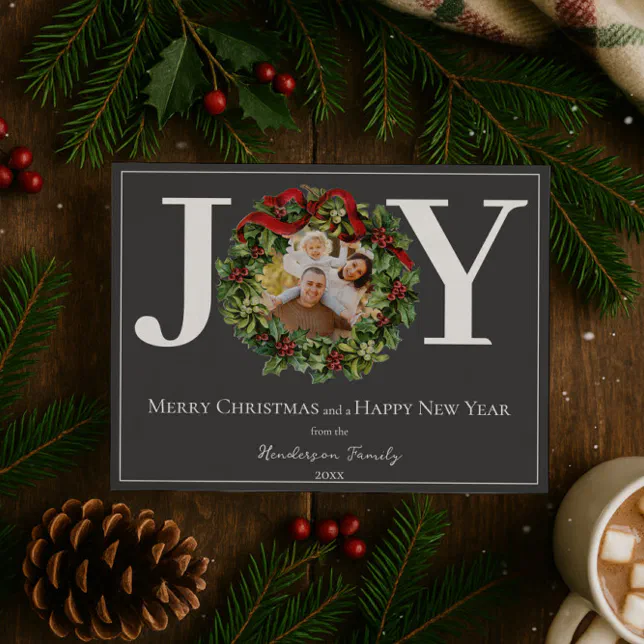 Gray Joy Christmas Wreath Photo Holiday Card | Zazzle