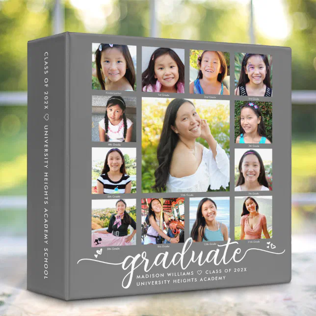 Gray K–12 Graduation Modern Script Photo Collage 3 Ring Binder | Zazzle