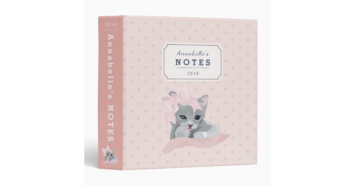Gray Kitten Big Pink Ribbon Pink Polka Dot Binder | Zazzle