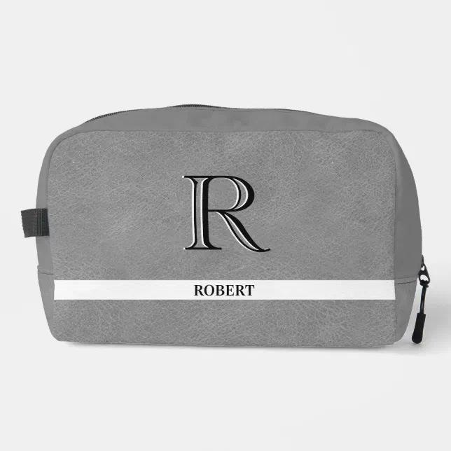 Gray Leather Texture Trim White Monogram Name Dopp Kit | Zazzle