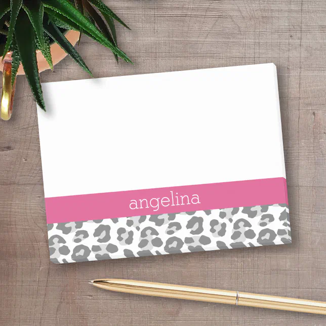 Gray Leopard Print Pattern with Pink Name Post-it Notes | Zazzle