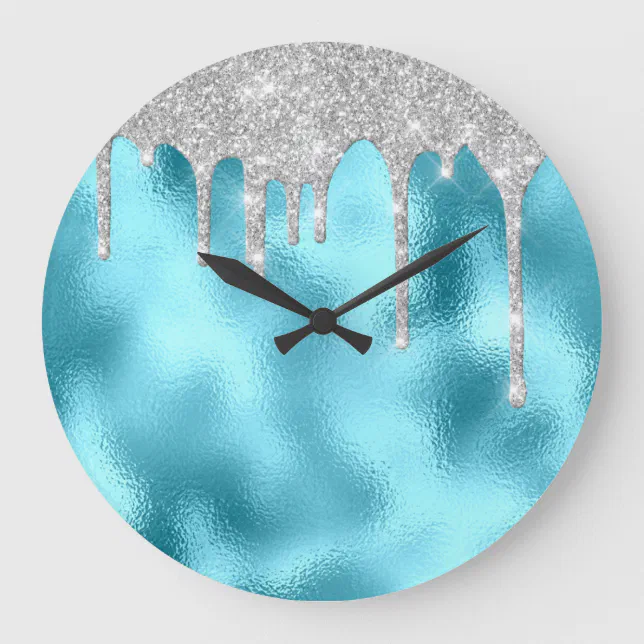 Gray Metal Spark Glitter Drip Ocean Glitter Large Clock | Zazzle