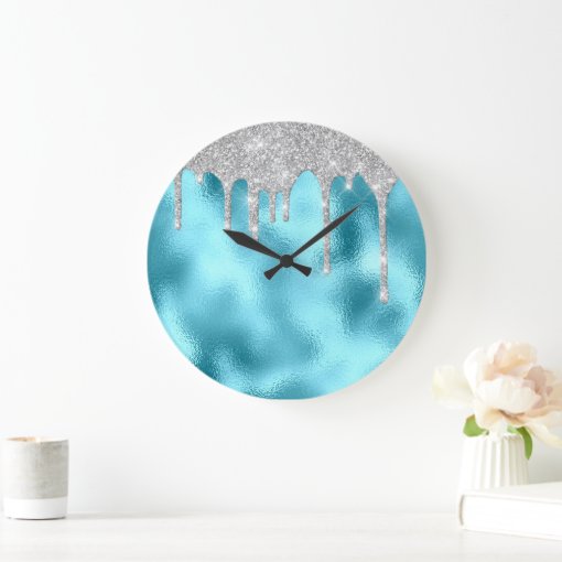Gray Metal Spark Glitter Drip Ocean Glitter Large Clock | Zazzle