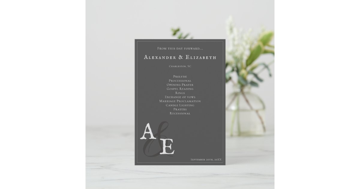 Gray Minimalist Monogram Wedding Program | Zazzle