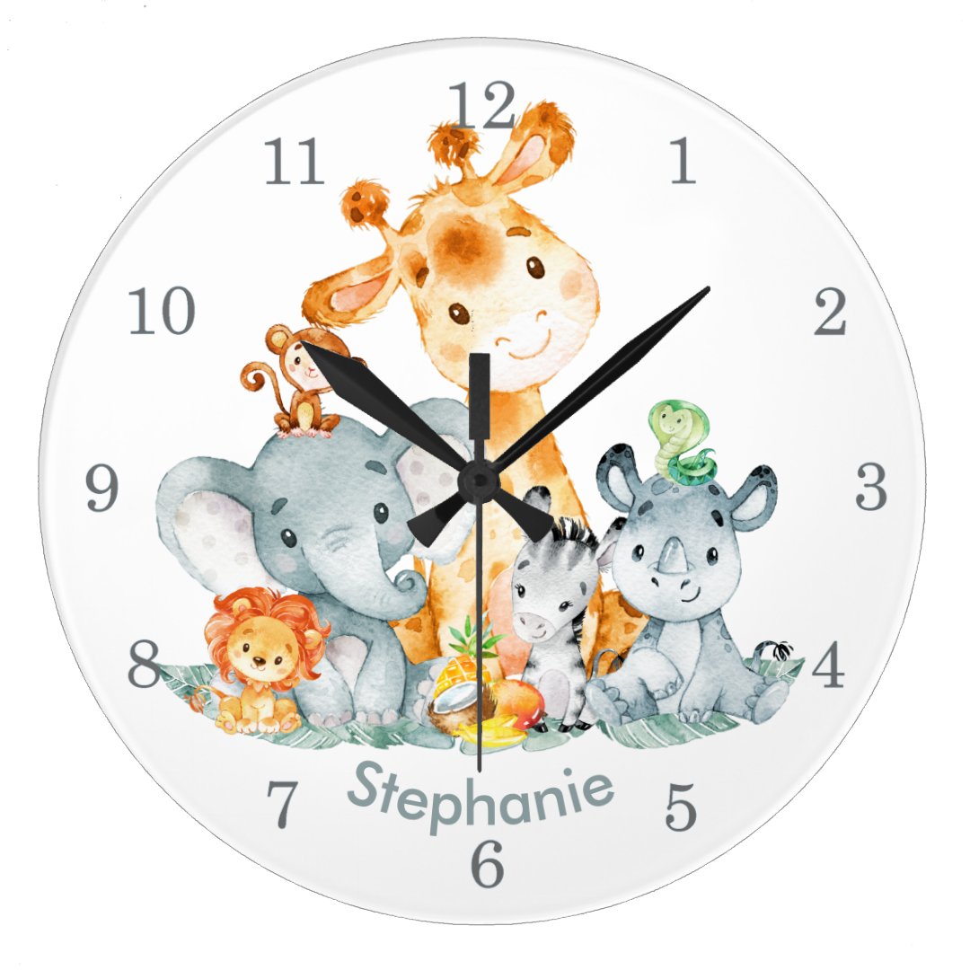 Gray Mint Watercolor Cute Safari Jungle Animals Large Clock | Zazzle
