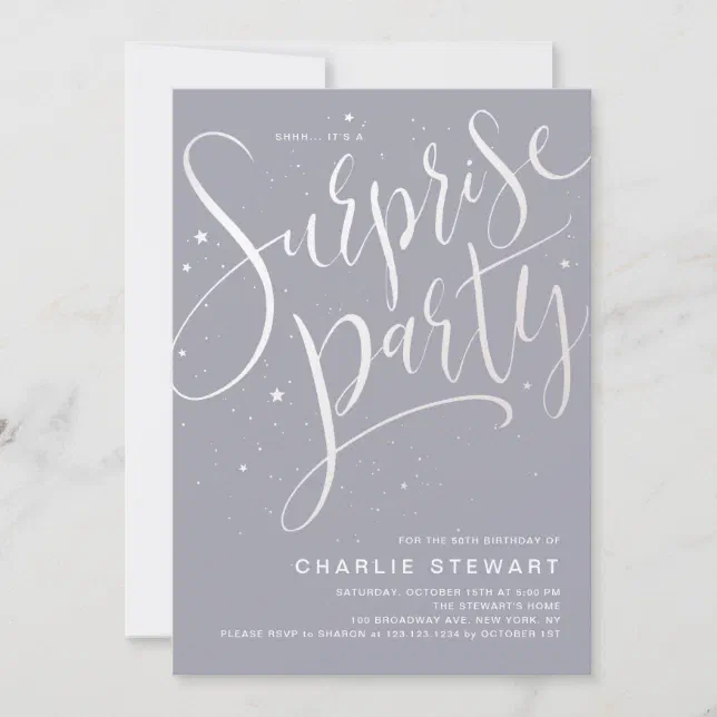 Gray Modern Script Surprise Birthday White Party Invitation | Zazzle